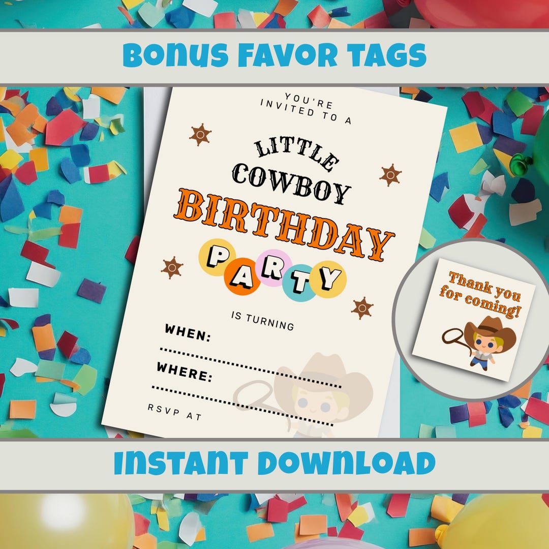 Little Cowboy Birthday Invitation & Favor Tags, Printable Kids Party ...