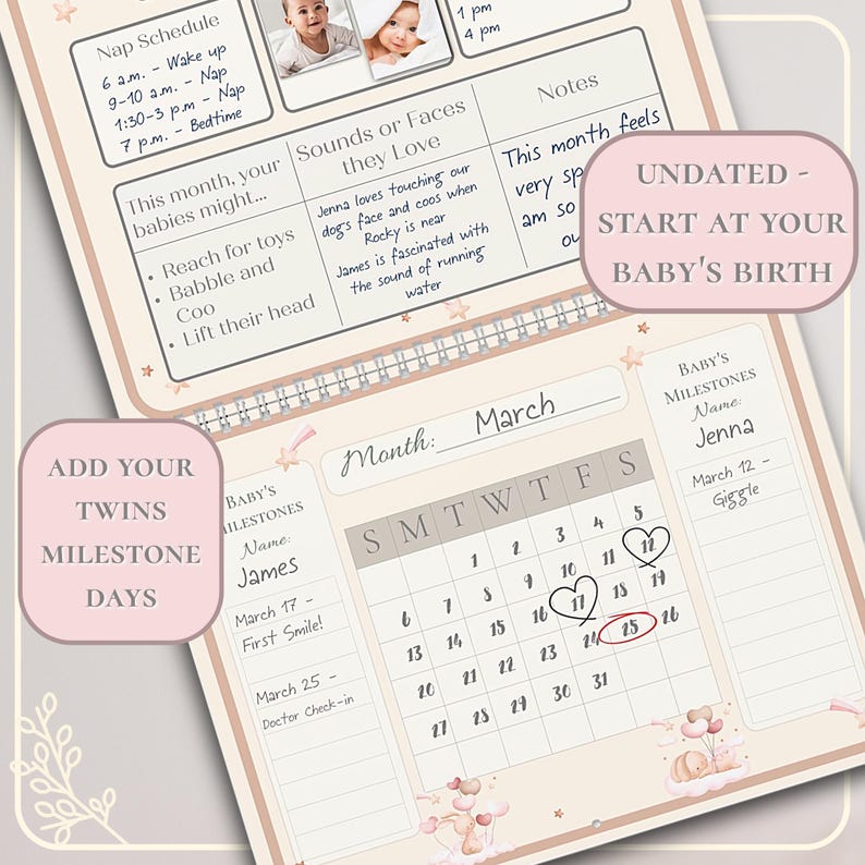 Twin Baby Milestone Calendar, First Year Wall Calendar, Twin Girl ...