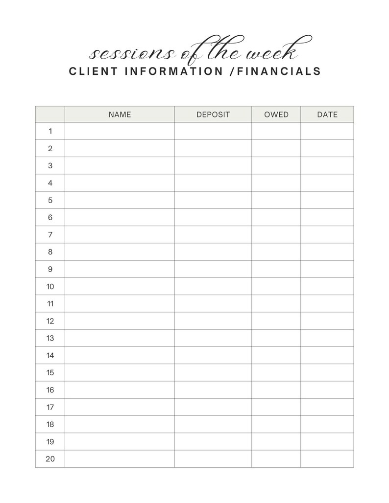 Weekly Client Organizer Digital Download for Session Scheduling Planner ...
