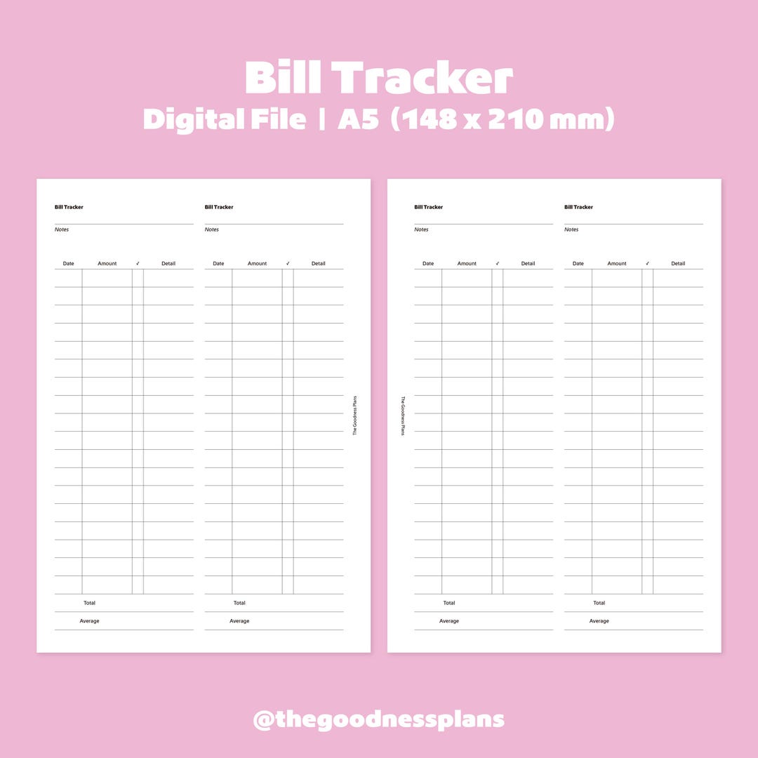 Digital File | A5 | Bill Tracker | Printable File - Etsy
