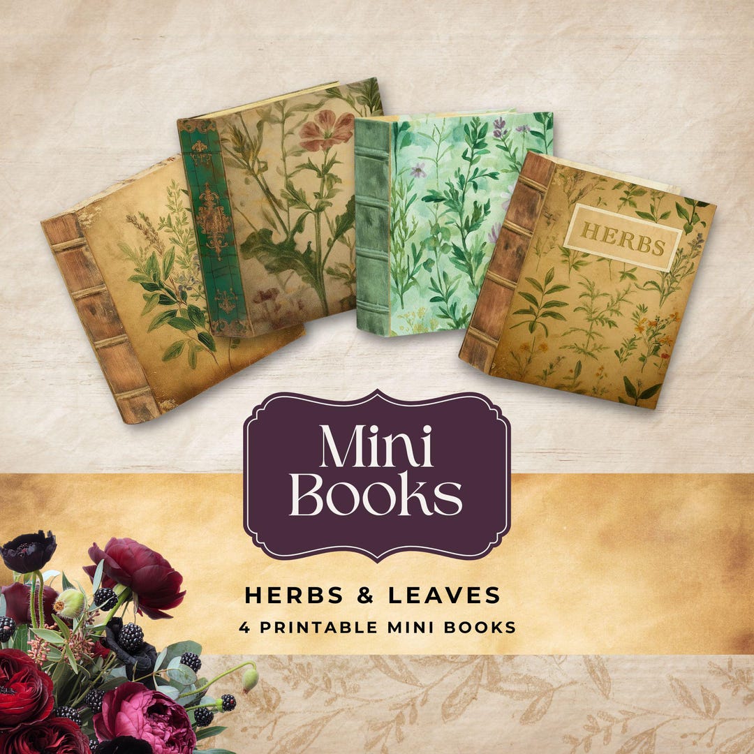 Printable Dollhouse Mini Book, Herbs Theme, Botanical Mini Library ...