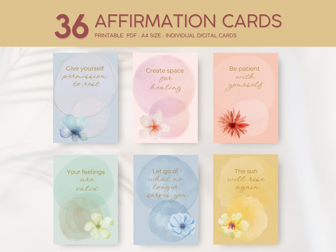 36 Affirmation Cards – Pastel Watercolor Florals for Well-being ...