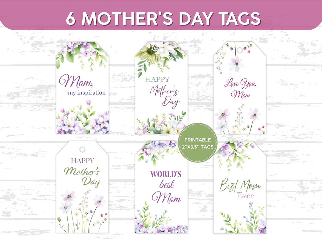 Printable Mother’s Day Gift Tags, Set of 6 Lilac Floral Labels, Green ...