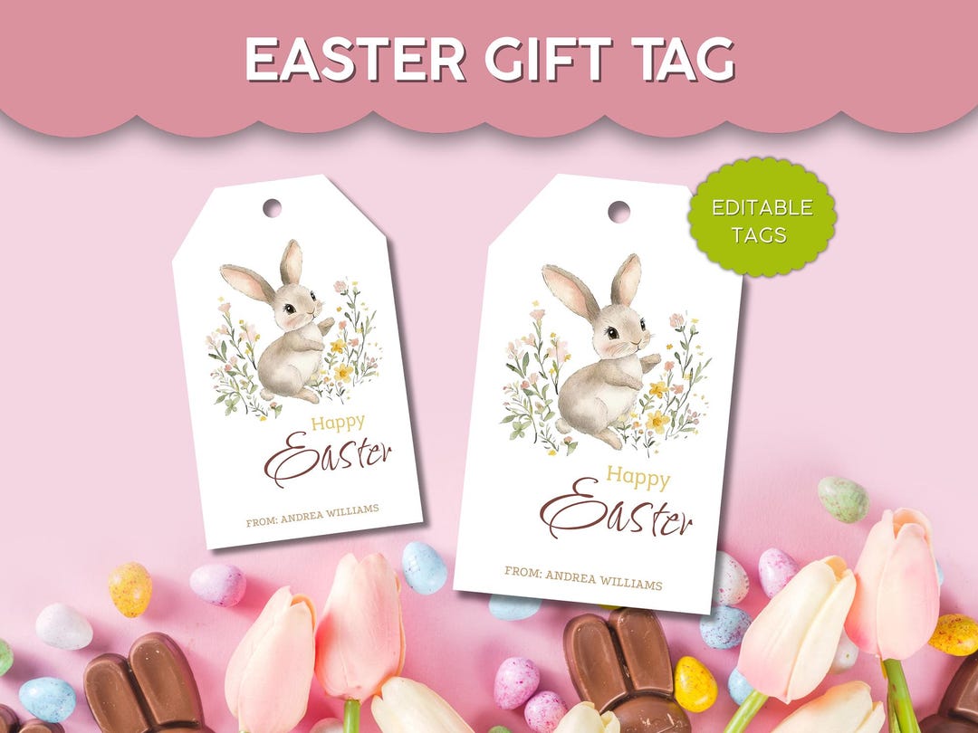 Easter Editable Tag, Bunny Illustration Printable Gift Label, Spring ...