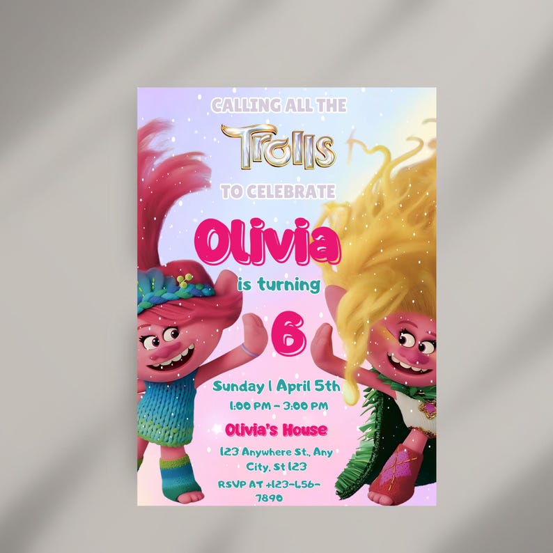 Editable Trolls Birthday Invitation, Trolls Poppy Invite, Poppy Trolls ...