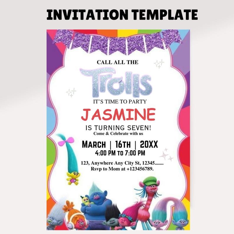 Editable Trolls Birthday Invitation, Trolls Poppy Invite, Poppy Trolls ...
