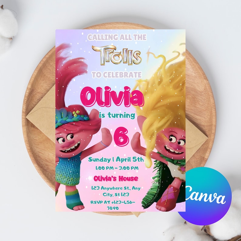 Editable Trolls Birthday Invitation, Trolls Poppy Invite, Poppy Trolls ...
