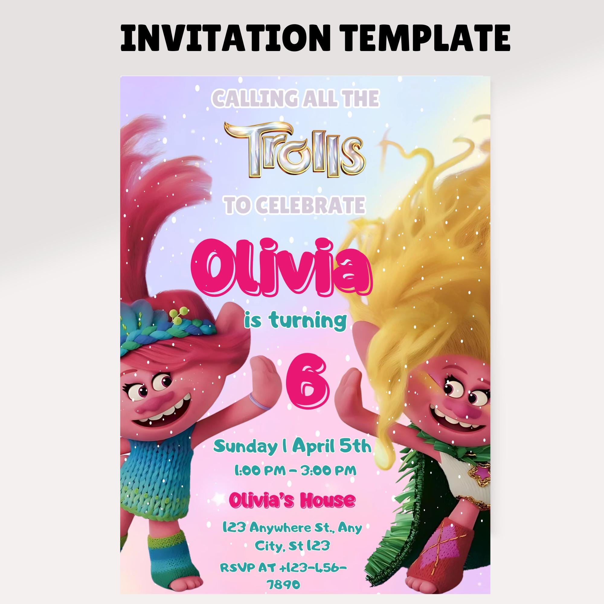 Editable Trolls Birthday Invitation, Trolls Poppy Invite, Poppy Trolls ...