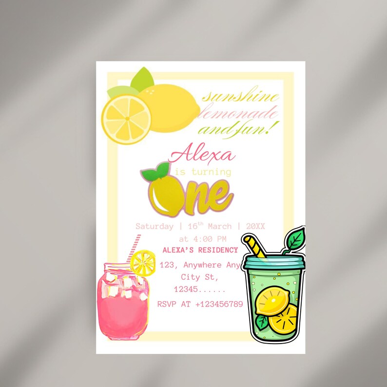 Editable Lemon Birthday Invitation Pink Lemonade Invite Sunshine ...