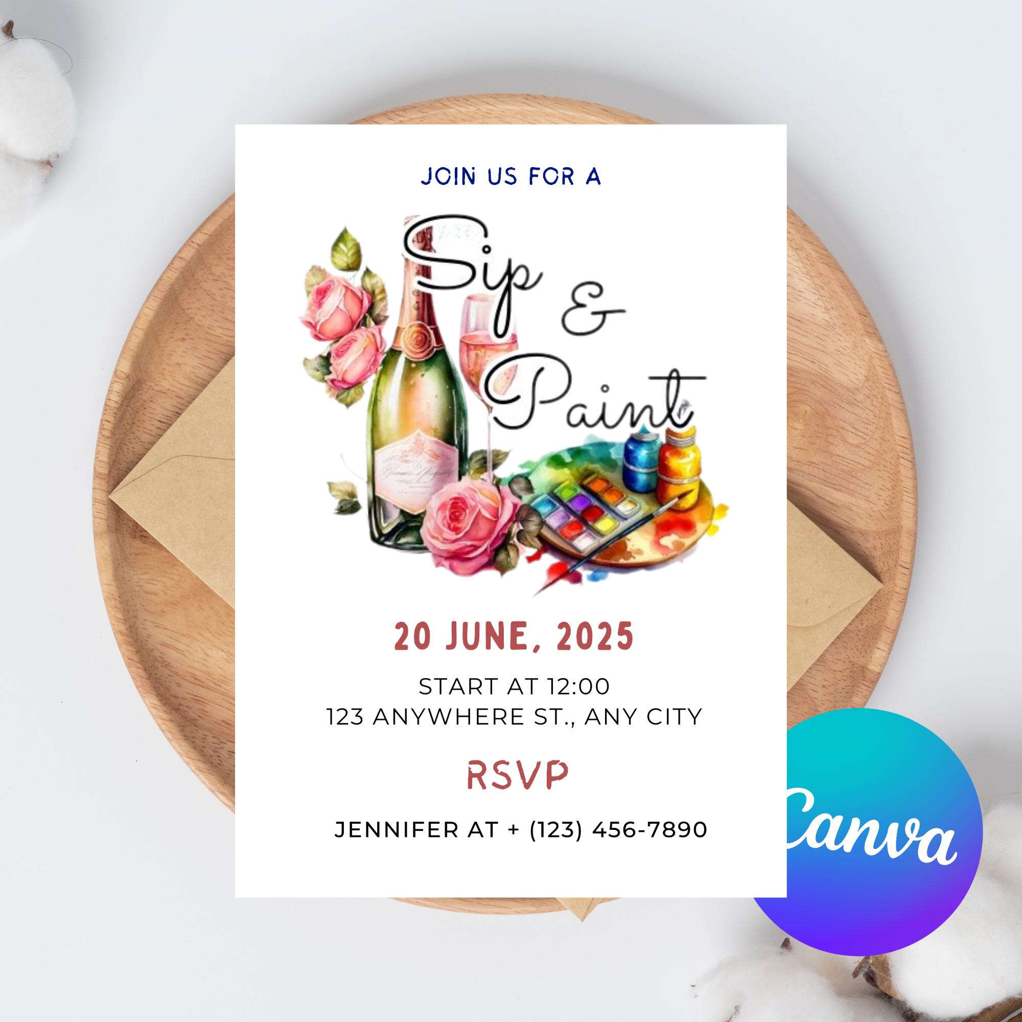 Sip and Paint Party Invitation,editable Paint & Sip Party Invite,wine ...