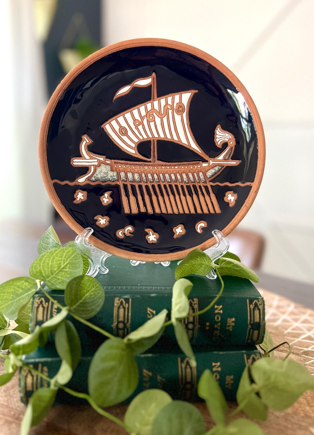 Handmade Terracotta Viking Ship Wall Plate • Cobalt Blue Greek Pottery ...