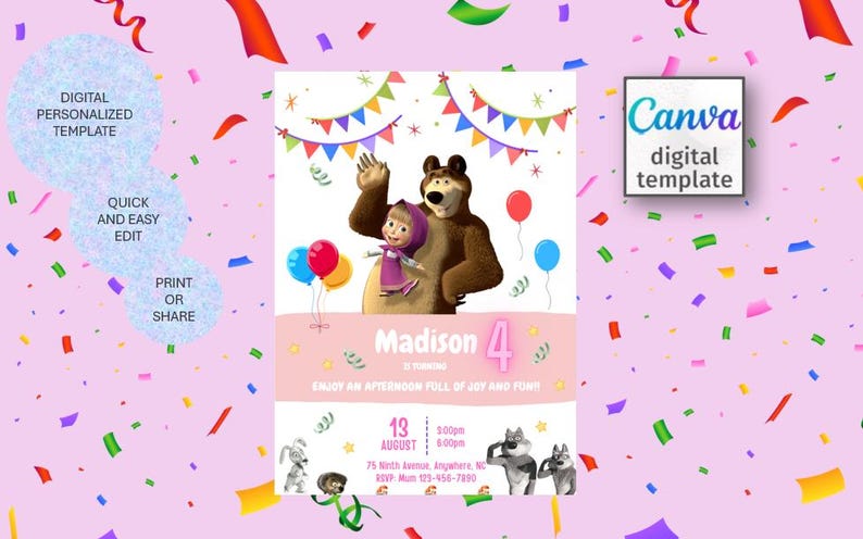 Masha and Bear Birthday Invitation Girl | Masha and Bear Invite ...