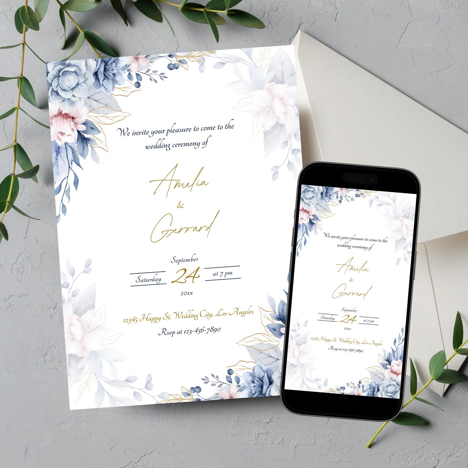 Editable Blue Flower Wedding Invitation, Gold and Blue Modern ...