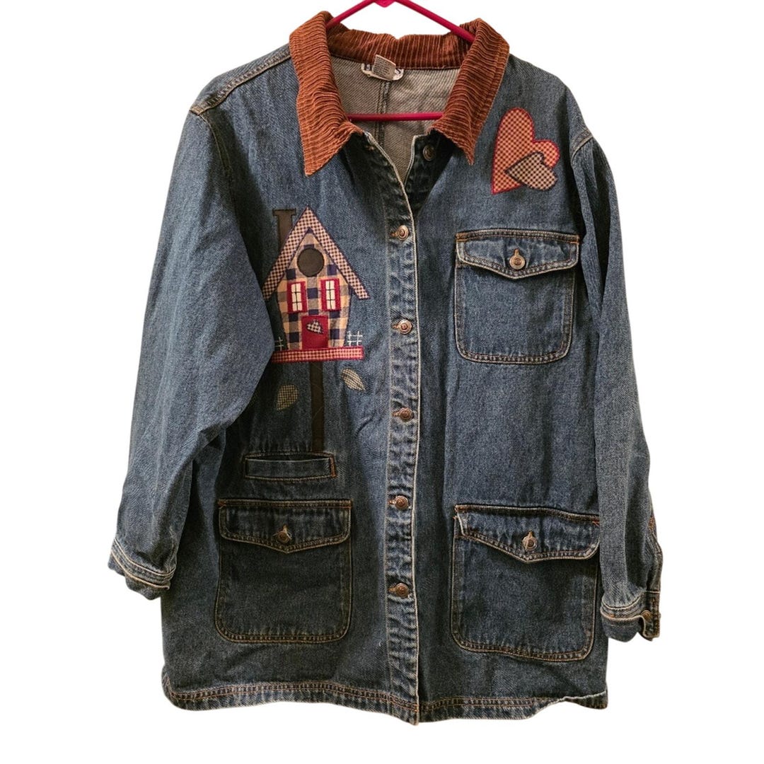 Vtg 90s Corduroy Denim Bird House Heart Embroidered Shacket Chore Coat ...