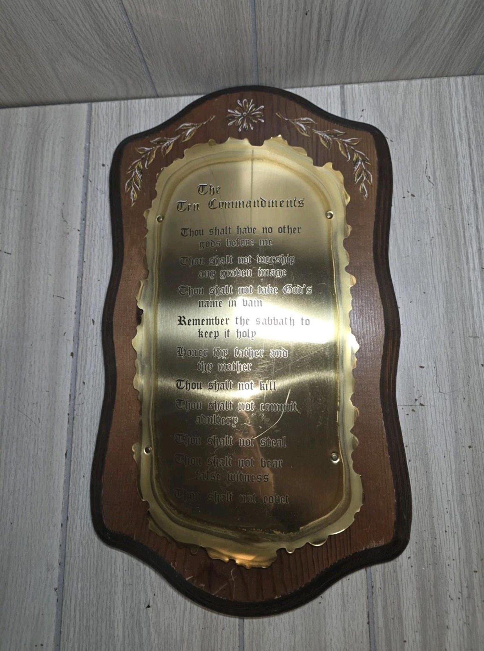 Vtg Ten Commandments Wood Brass Wall Plaque 10x18" Wall Hanging Decor ...