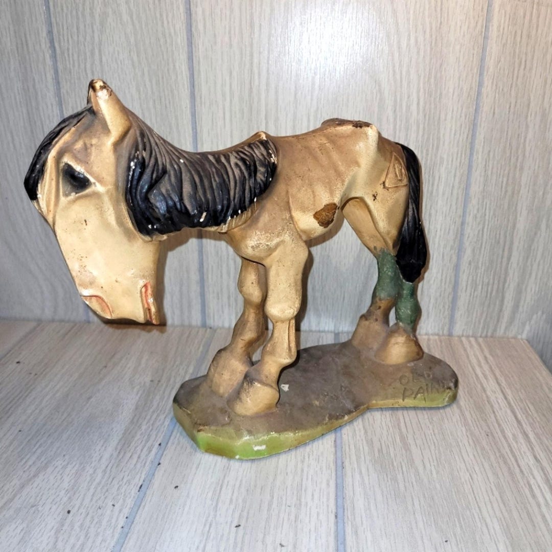 Vtg 1940s Old Paint Chalkware Horse Skinny Sad Donkey Dunky Mule Statue ...