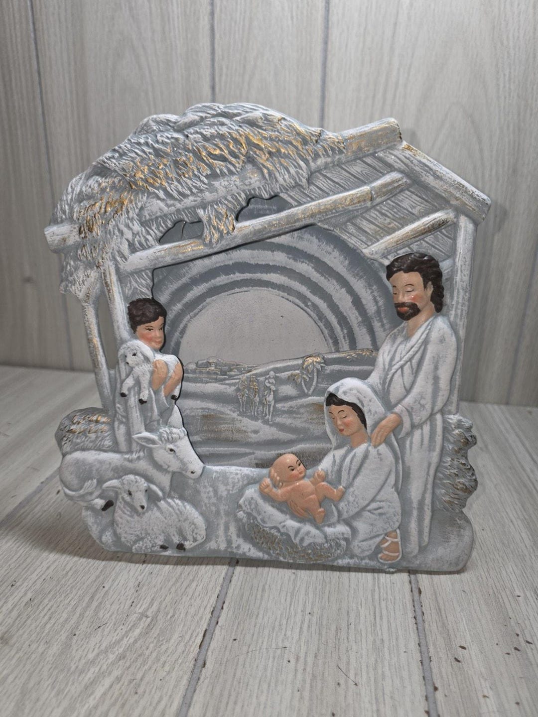 Vtg 1988 Ceramic One Piece Nativity Blue Creche 3D Religious Christmas ...