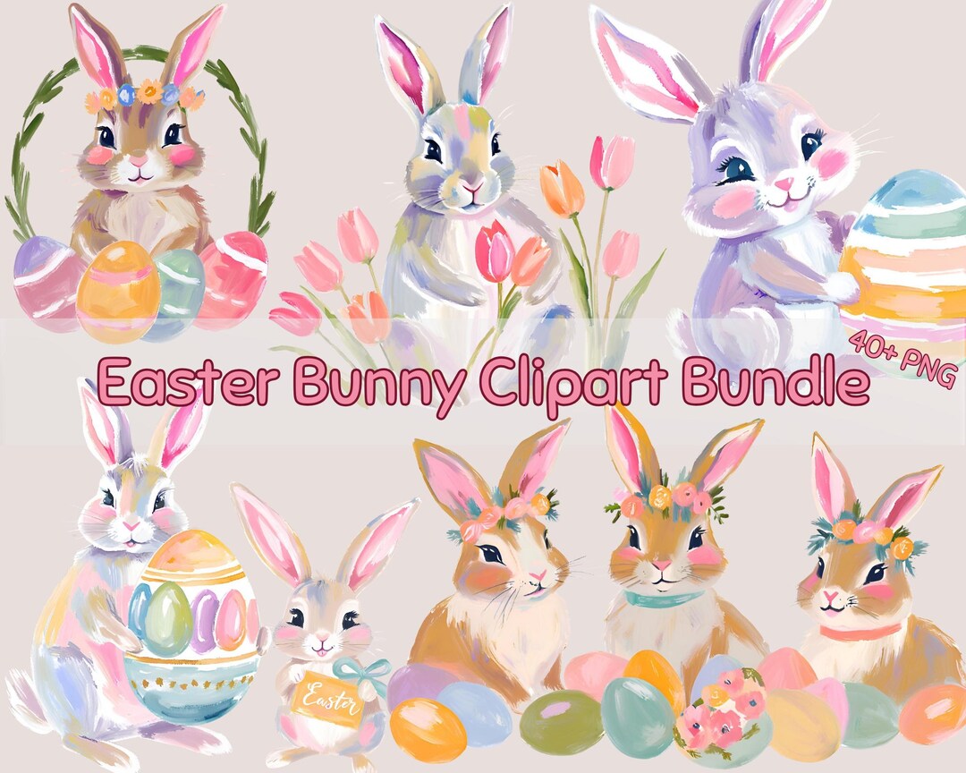 Easter Bunny Clipart Bundle | Spring Rabbits & Wildflowers | Oil Pastel ...