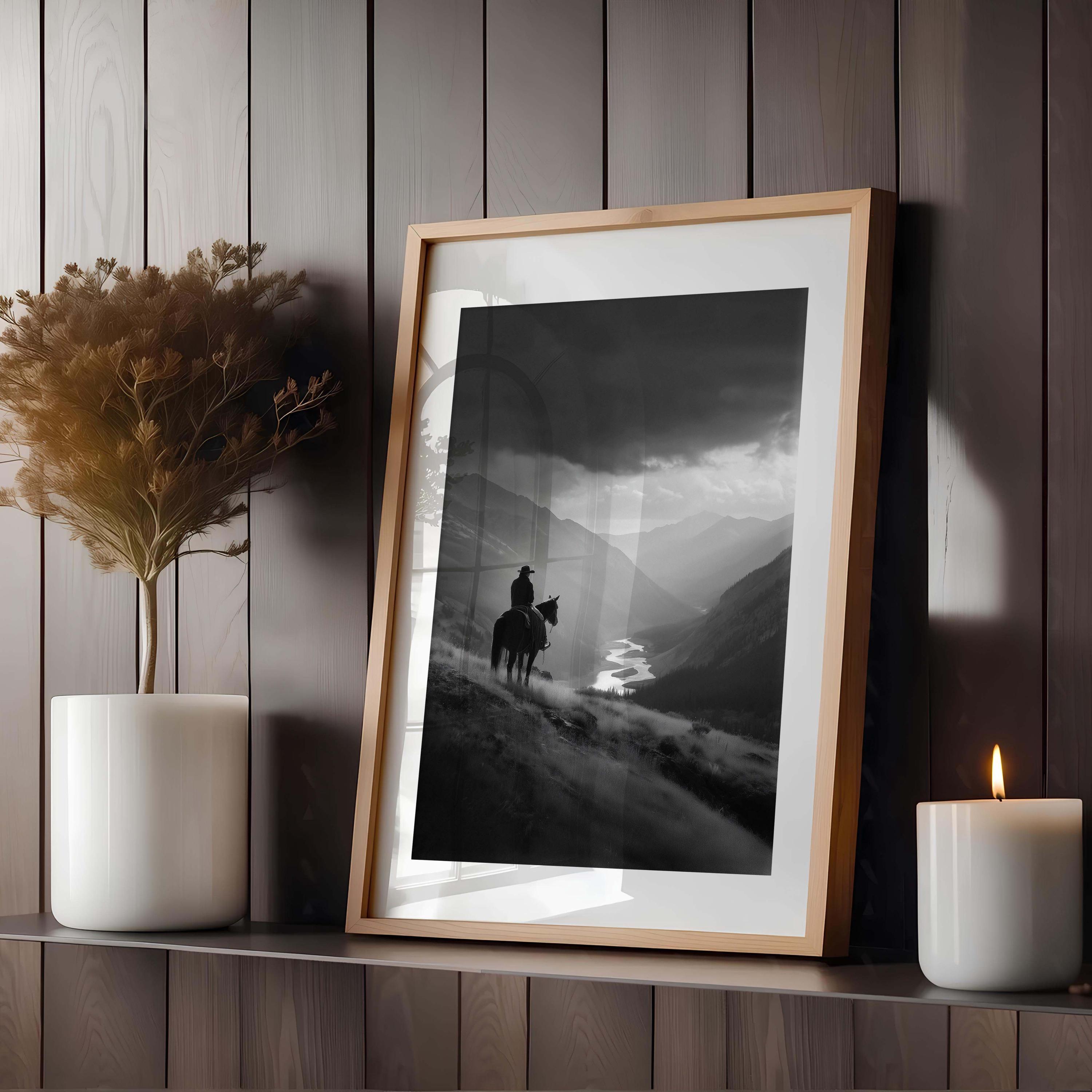 Cowboy Sunset Mountain Rider Western Scenic Horseback Art Cowboy Lone ...