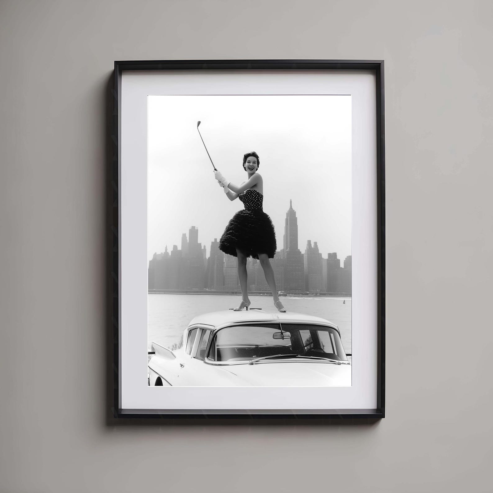 Vintage Woman Art Retro Golf Poster Black White Print City Skyline Art ...