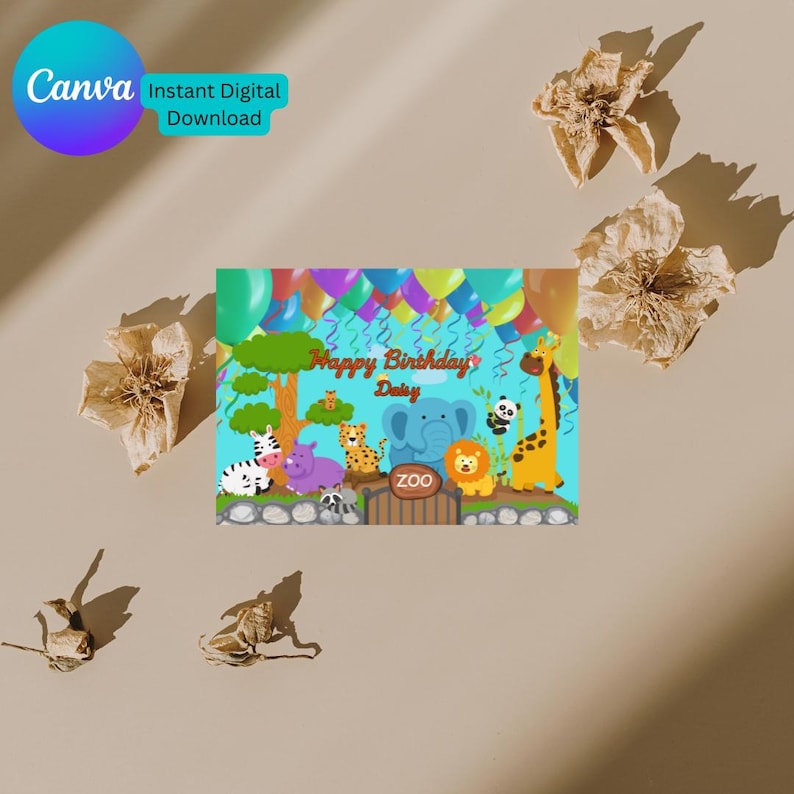 Editable Birthday Zoo-themed Card | Vibrant Multicolored Canva Template ...