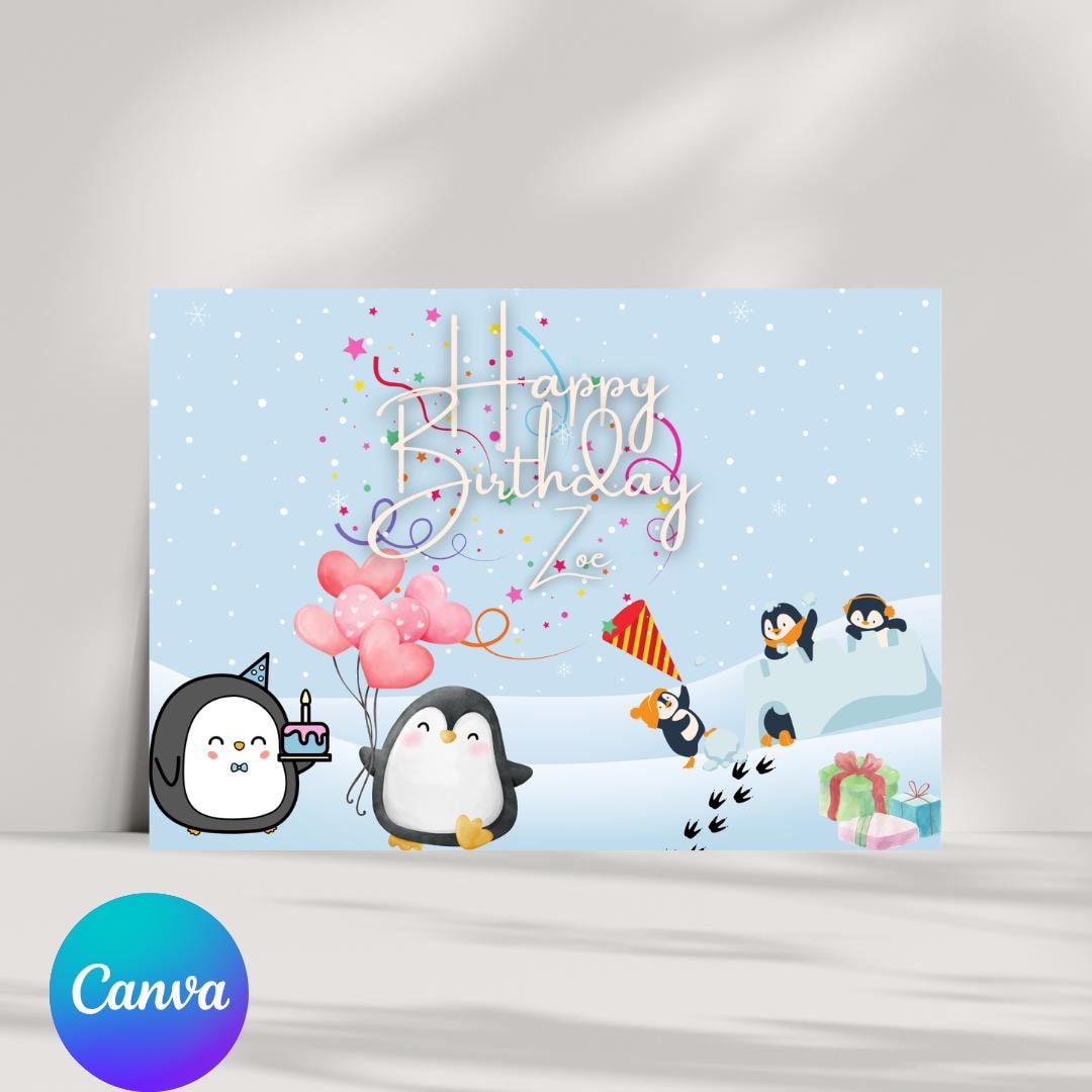 Editable Birthday Adorable Penguins Cartoon Card I Vibe Multicolored I ...