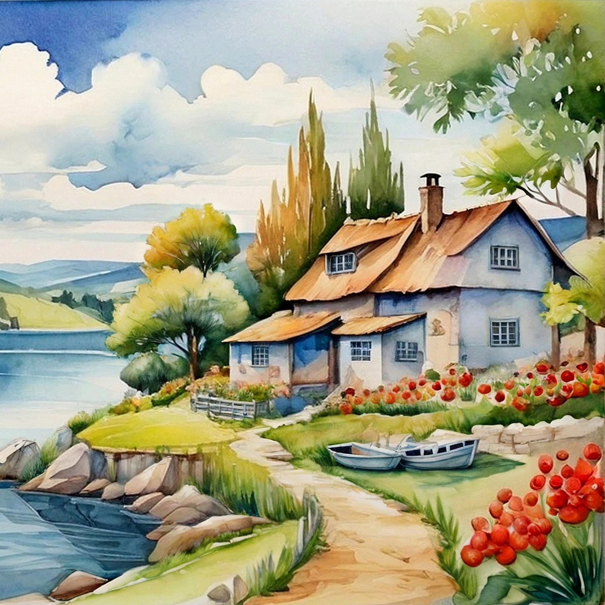 Lake Scene Wall Art Image Watercolor Painting Spring Scene Drawing Room ...