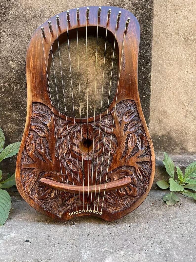 Handmade 10 Metal Strings Brown Flower Lyre Harp Rosewood Lyre Harps ...