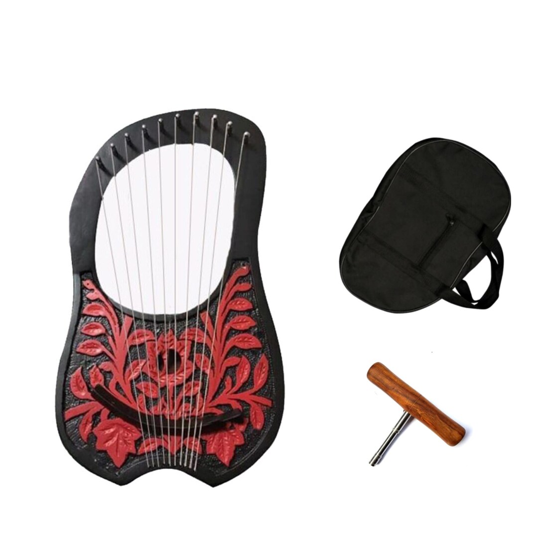 Lyre Harps Rosewood 10 Metal Strings Black & Red Finishing Lyre Harp ...