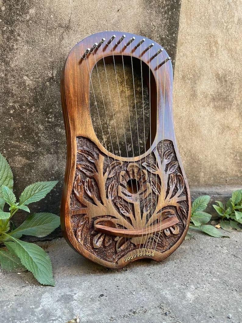 Brown Flower Lyre Harp 10 Metal Strings Handmade Rosewood Lyre Harp ...