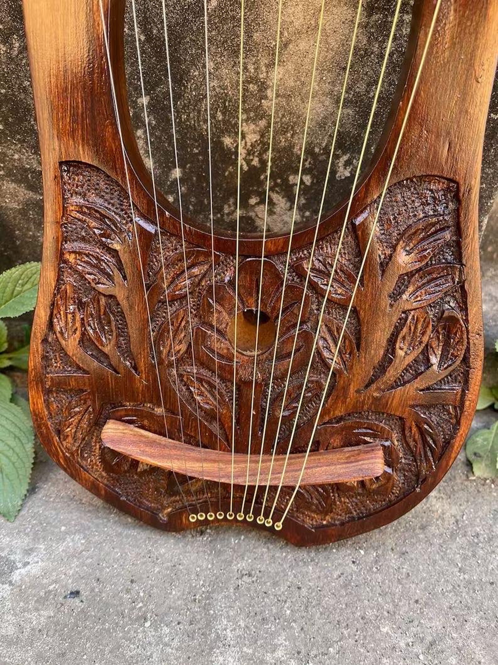 Brown Flower Lyre Harp 10 Metal Strings Handmade Rosewood Lyre Harp ...