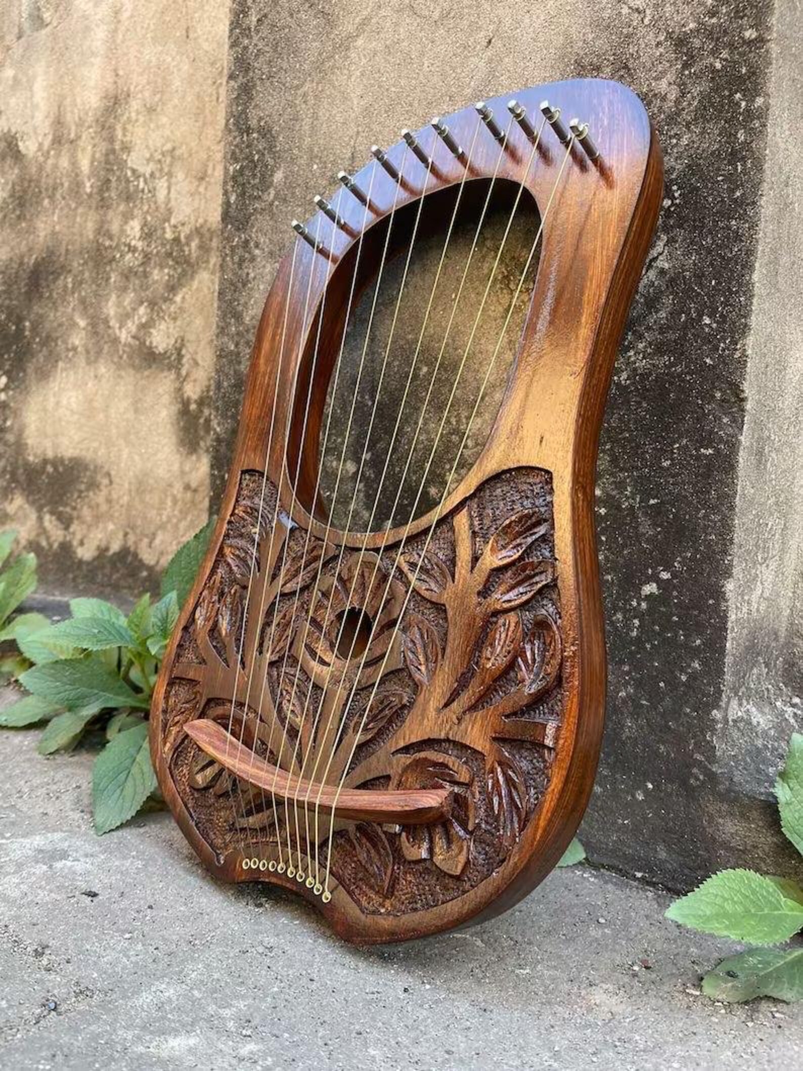 Brown Flower Lyre Harp 10 Metal Strings Handmade Rosewood Lyre Harp ...