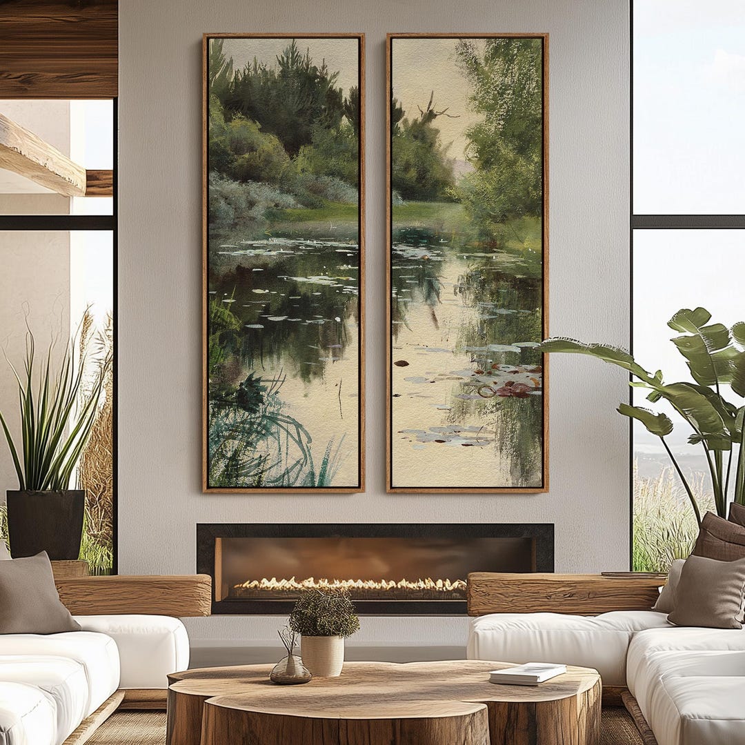 Lakeside Landscape Wall Art - 20x60 Framed Canvas Set | Water Lily Pond ...