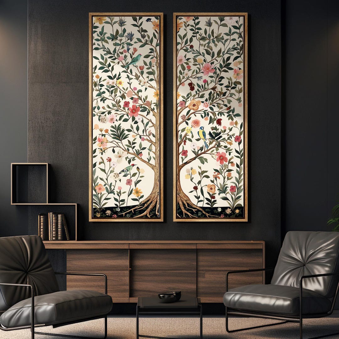 Vintage Floral and Bird Tree Wall Art - 20x60 Framed Canvas Set ...