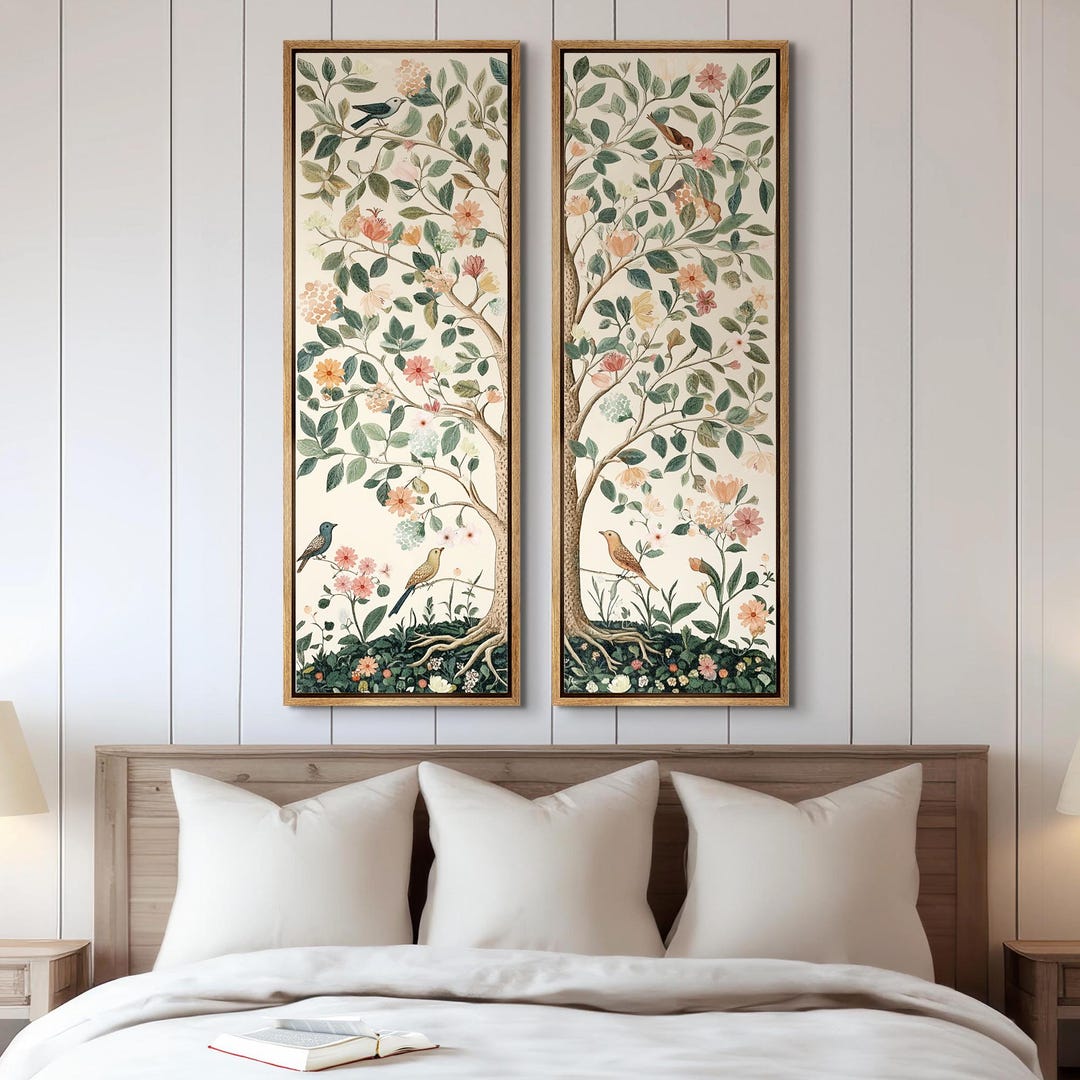 Vintage Floral and Bird Tree Wall Art - 20x60 Framed Canvas Set ...