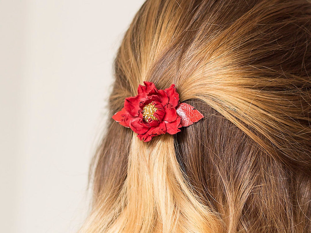 Red Leather Flower Barrette, Small Flower Barrette, Red Barrette ...