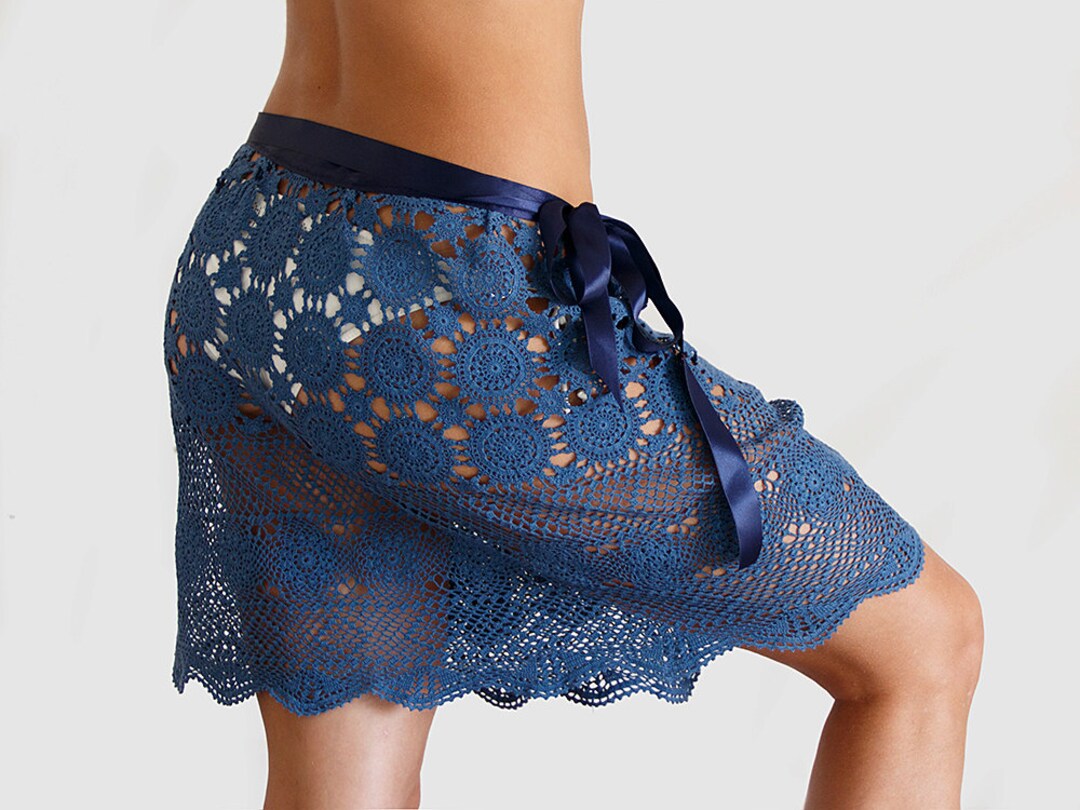 Dark Blue Crochet Beach Skirt Crochet Cover Up Upcycled - Etsy