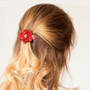 Red Leather Flower Barrette, Small Flower Barrette, Red Barrette ...