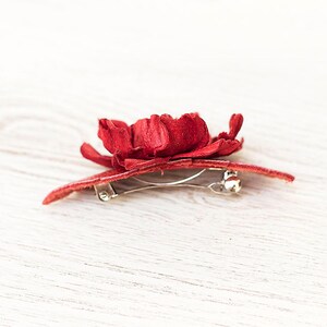 Red Leather Flower Barrette, Small Flower Barrette, Red Barrette ...