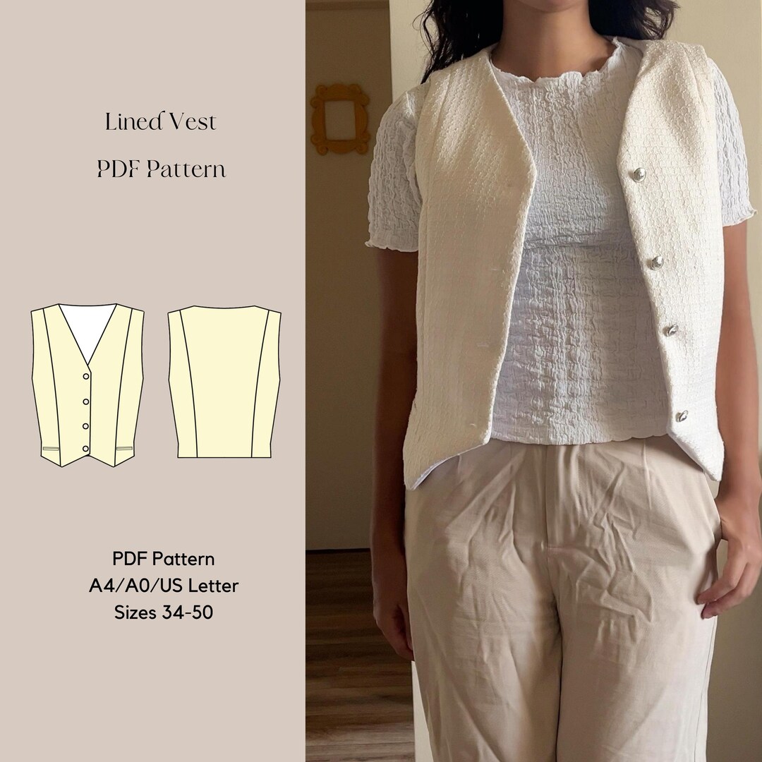 Vest Sewing Pattern- PDF A4, A0 and US Letter | 5 sizes| Digital Vest ...