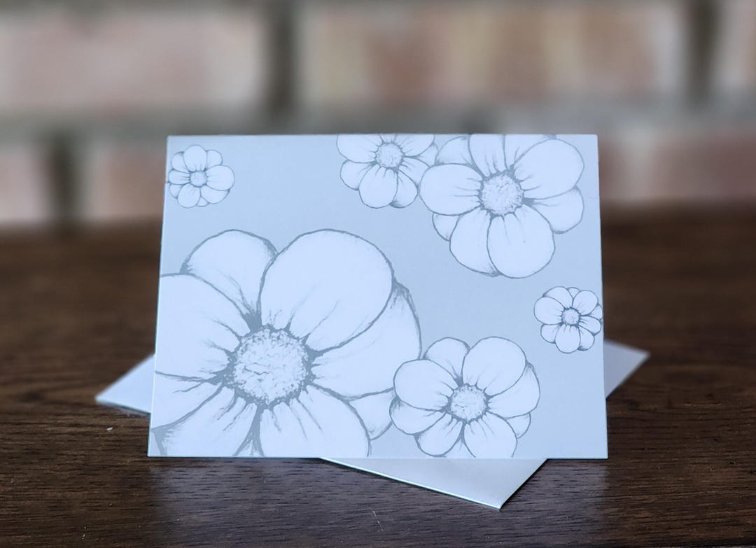 Set of 5 Blank Hand Sketched Flower Cards, Flower Sketch Card, Daisy ...
