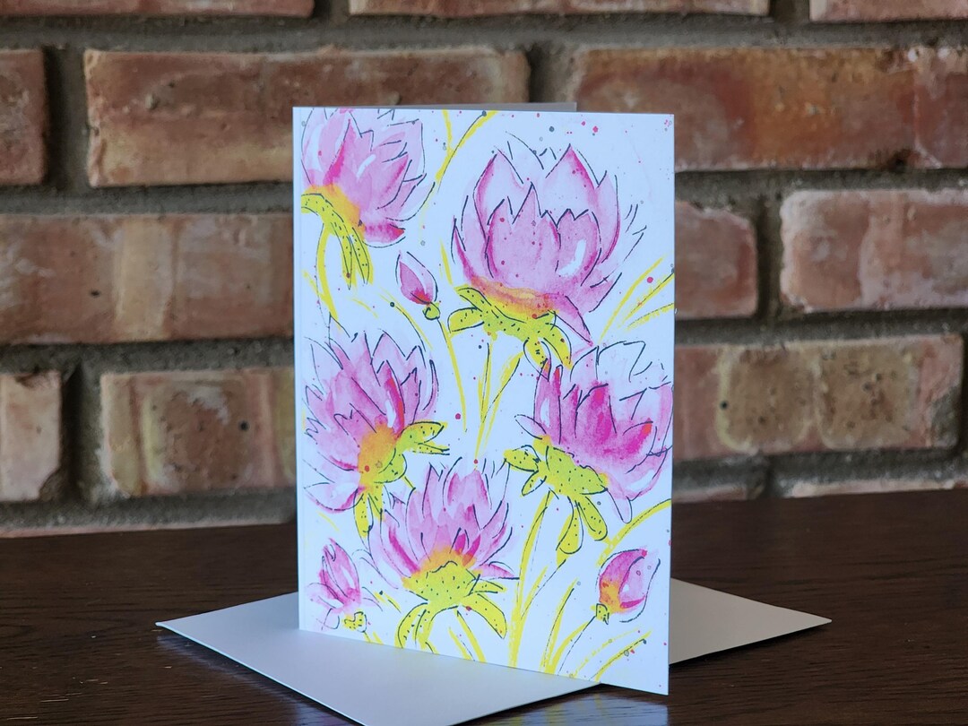 Set of 5 Blank Pink Flowers Note Cards, Featuring Watercolor Image of ...