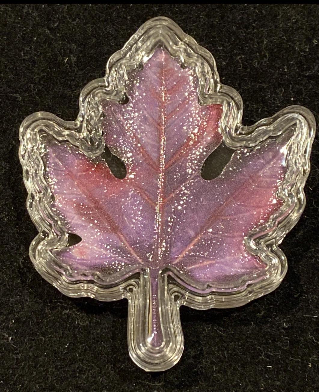 Pure Silver Maple Leaf Shaped Art Bar, Purple & Pink • 1.5g Fine (.999 ...