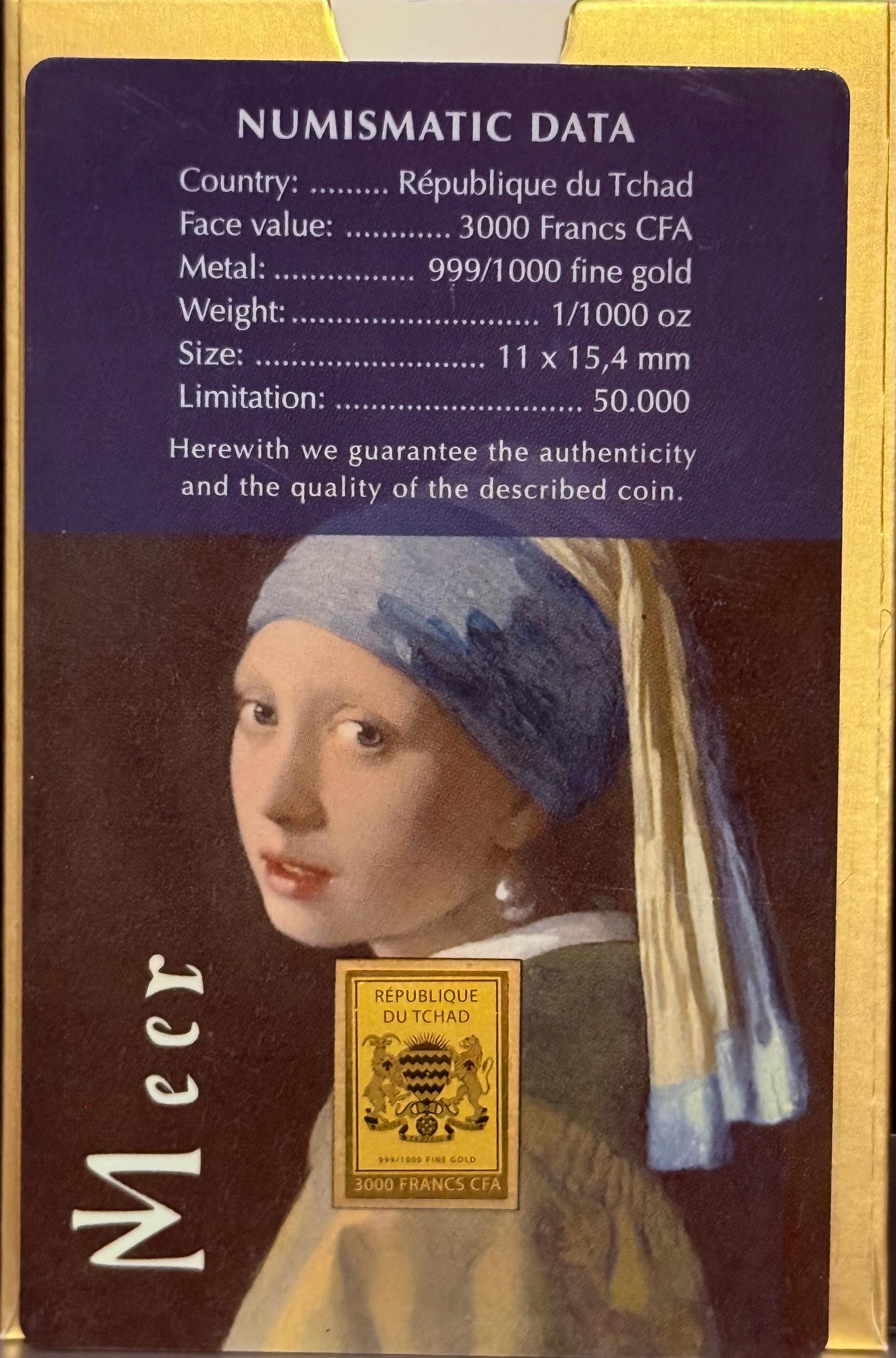 Girl with a Pearl Earring, Vermeer Painting PURE GOLD COIN in Assay ...