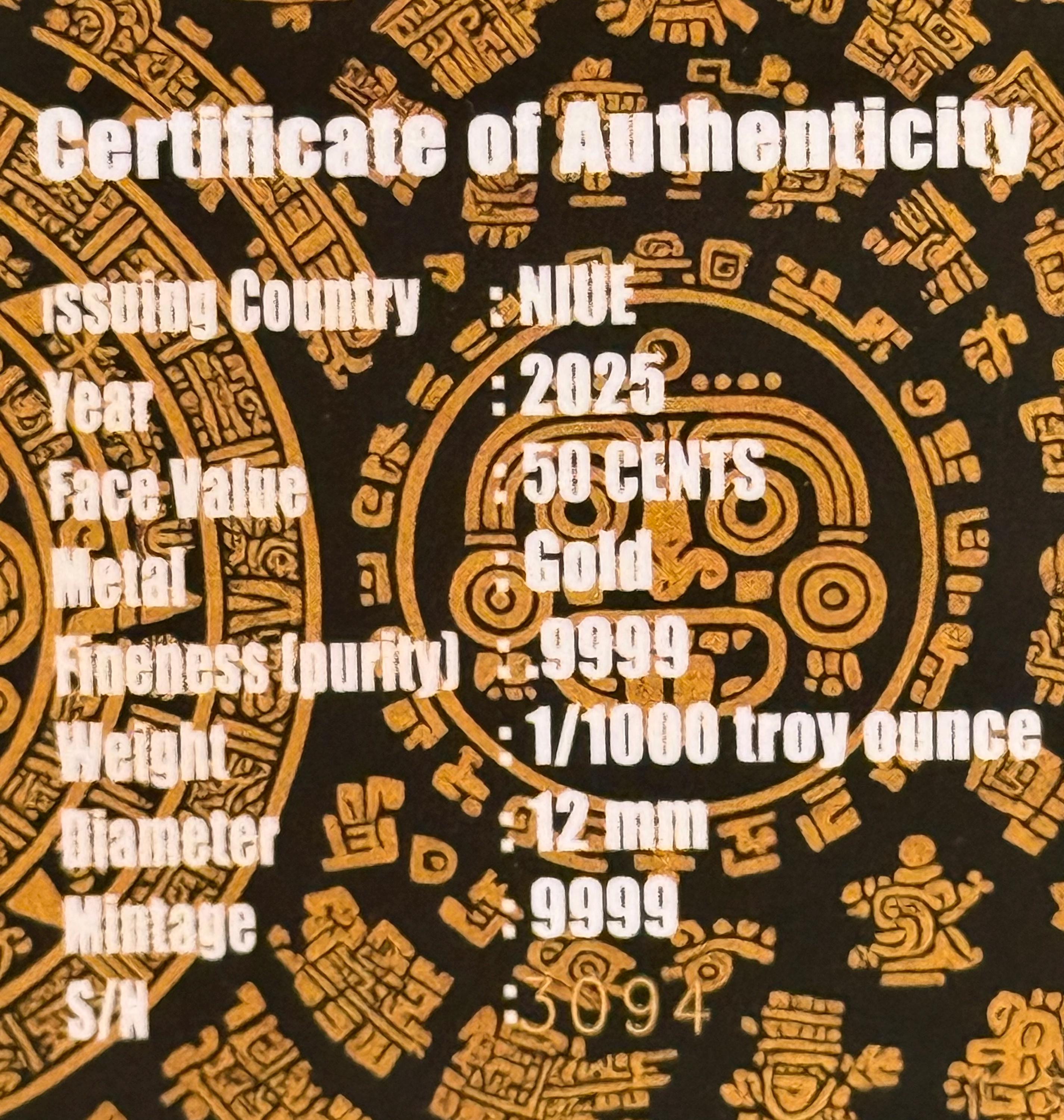 Aztec Calendar PURE GOLD COIN in Assay Card • 1/1000oz Fine Gold (.9999 ...