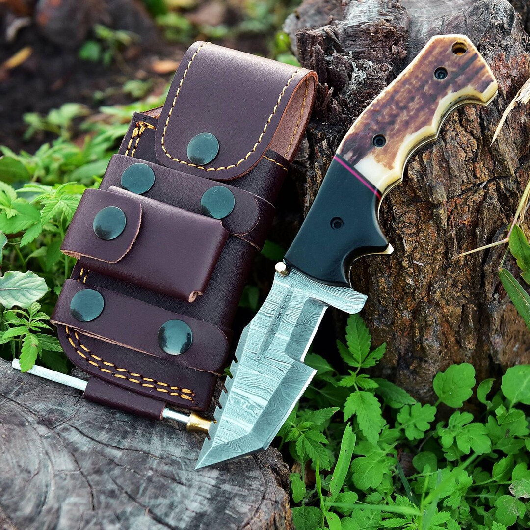 Damascus Steel Handmade Tracker Folding Knife Black Micarta & Stag ...