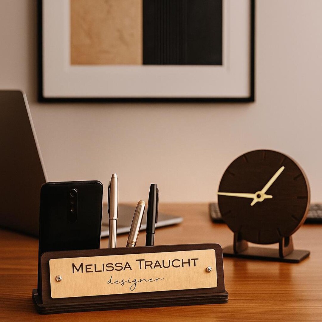 Personalized Walnut Wood Desk Organizer With Clock & Name Plate - Etsy