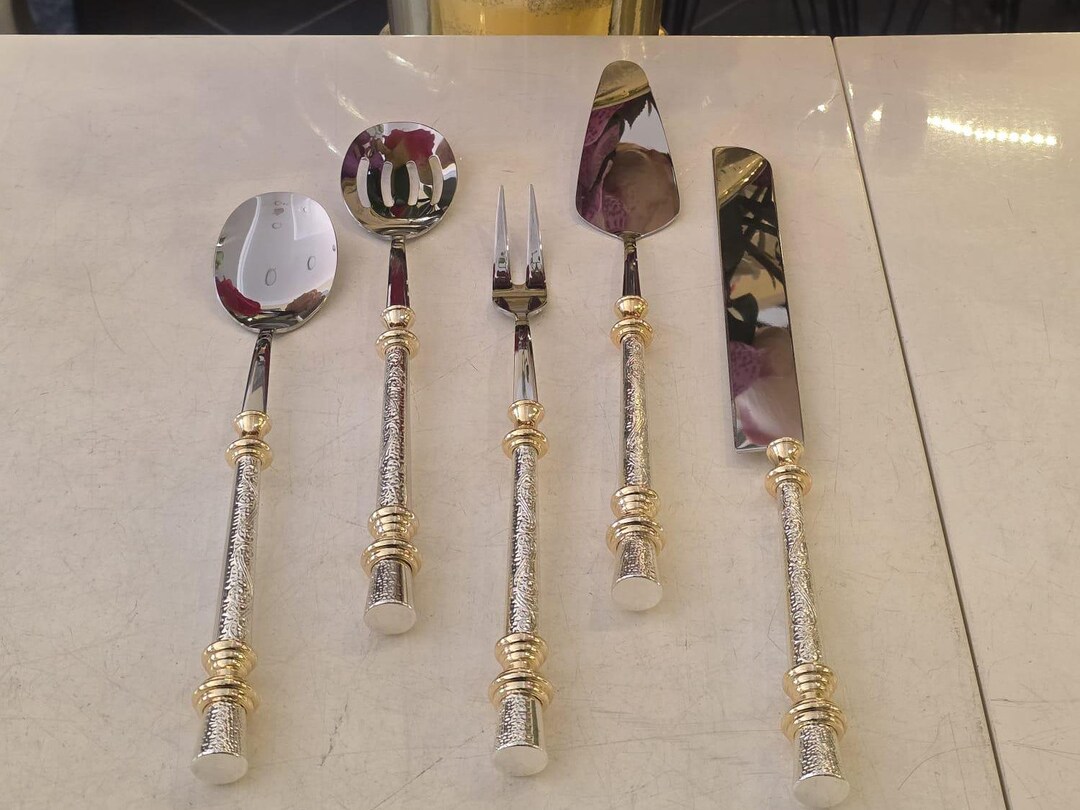 5 Piece Gold Silver Utensil Set for Elegant Dining and Serving - Etsy