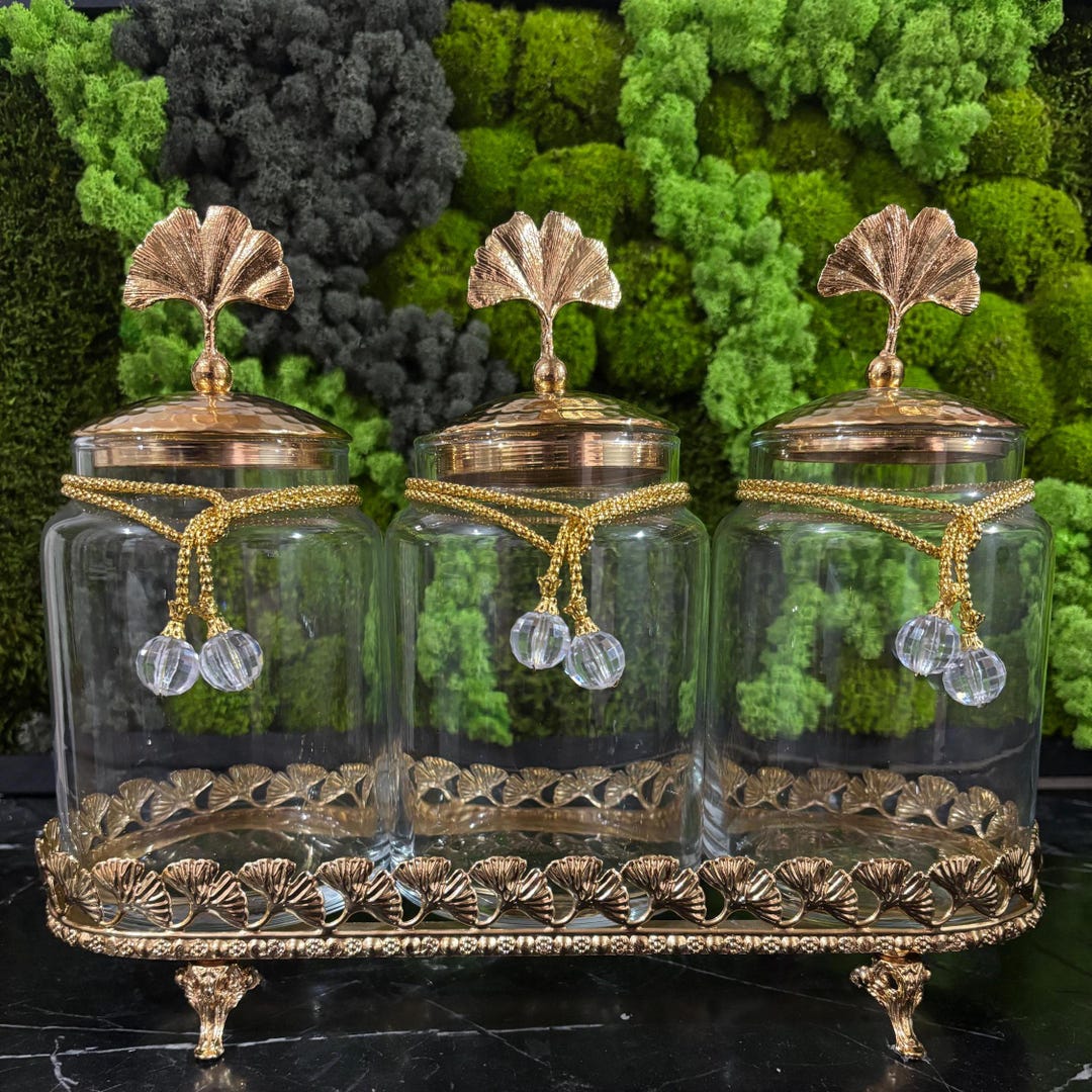 Gold Canister Set 3 Glass Jars With Lids Chains Stand Ideal for Tea ...