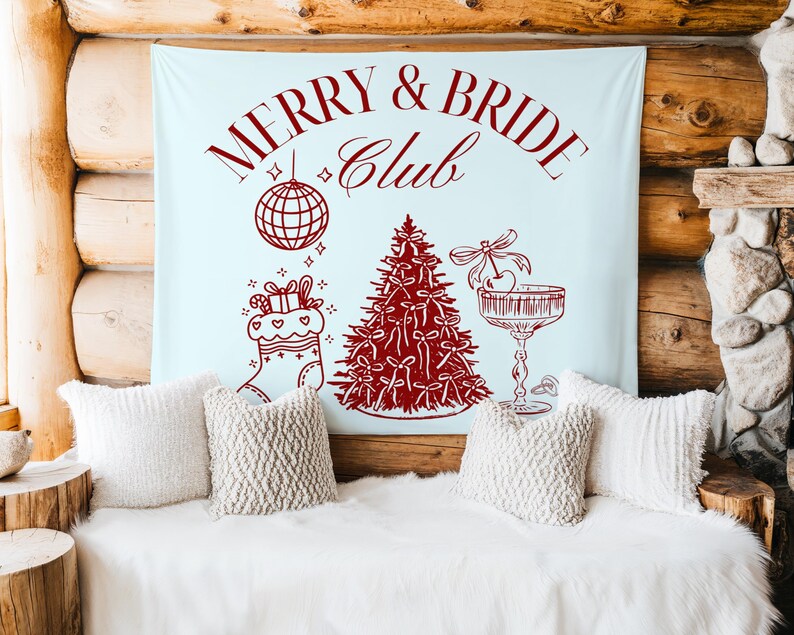 Merry & Bride Backdrop, Christmas Bachelorette Party Banner, Holiday ...